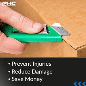 Pacific Handy Cutter S4SR Self-Retracting Safety Cutter with Fixed Metal Guard, Bladeless Tape Splitter, Steel Guard for Safety and Damage Protection, for Warehouse and In-Store Cutting, green