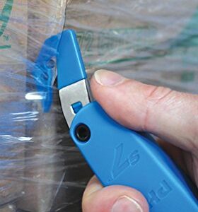 Pacific Handy Cutter S7 Safety Cutter, 3-in-1 Self-Retractable Utility Knife with Fold-Out Film Cutter, Bladeless Tape Splitter, Guard for Safety & Damage Prevention , Blue