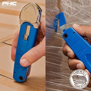 Pacific Handy Cutter S7 Safety Cutter, 3-in-1 Self-Retractable Utility Knife with Fold-Out Film Cutter, Bladeless Tape Splitter, Guard for Safety & Damage Prevention , Blue