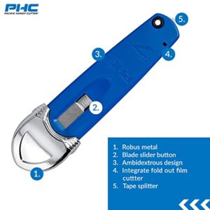 Pacific Handy Cutter S7 Safety Cutter, 3-in-1 Self-Retractable Utility Knife with Fold-Out Film Cutter, Bladeless Tape Splitter, Guard for Safety & Damage Prevention , Blue