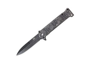 wartech pog102 og knives assisted open stonewashed handle with skull design, 8"