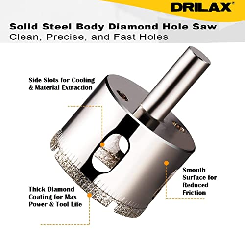 Drilax 1 3/4 Inch Diamond Hole Saw Drill Bit Ceramic, Porcelain Tiles, Glass, Granite Counter top Shower, Faucet Size 1-3/4