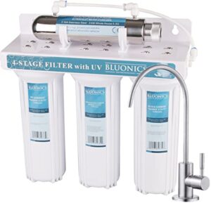 bluonics 4 stage under sink drinking water purifier filter system with 6w uv light ultraviolet sterilizer with 3 stage filters for rust, iron, sand, dirt, sediment bad taste/odor.