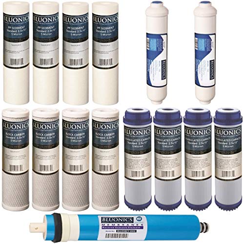 BLUONICS Reverse Osmosis Replacement Filter Set RO Cartridges (15 pcs) w/ 100 GPD Membrane