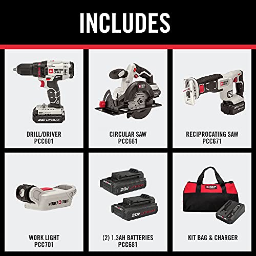 PORTER-CABLE 20V MAX Power Tool Combo Kit, 4-Tool Cordless Power Tool Set with 2 Batteries and Charger (PCCK616L4)