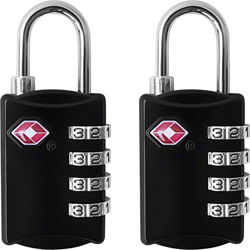 TSA Luggage Locks (2 Pack) - 4 Digit Combination Steel Padlocks - Approved Travel Lock for Suitcases & Baggage - TSA Lock - Black