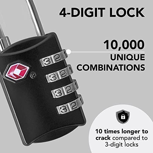 TSA Luggage Locks (2 Pack) - 4 Digit Combination Steel Padlocks - Approved Travel Lock for Suitcases & Baggage - TSA Lock - Black