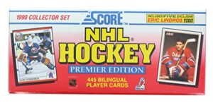 1990 91 score hockey cards factory sealed "bilingual/french" complete set of 445 cards (includes wayne gretzky, mario lemieux, brett hull, steve yzerman, jaromir jagr, and dozens of other top nhl superstars plus 6 different rookie cards of eric lindros !!