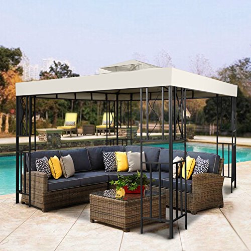 Flexzion 10'x10' Gazebo Replacement Canopy Top Cover (Ivory) - Dual Tier with Plain Edge Polyester UV30 Water Resistant for Outdoor Garden Patio Pavilion Sun Shade