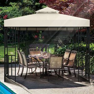 Flexzion 10'x10' Gazebo Replacement Canopy Top Cover (Ivory) - Dual Tier with Plain Edge Polyester UV30 Water Resistant for Outdoor Garden Patio Pavilion Sun Shade