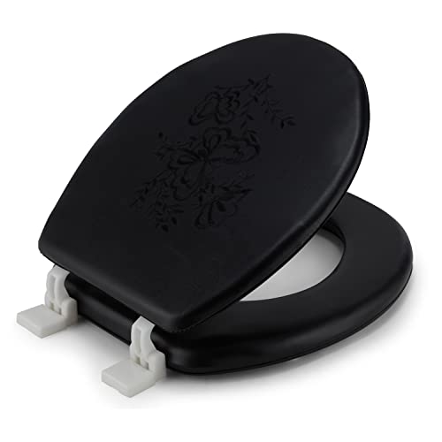 J&V Textiles Embroidered Soft Round Toilet Seat With Easy Clean & Change Hinge, Padded (Black)