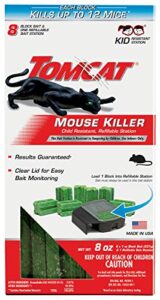 tomcat mouse killer child resistant, refillable station with clear lid for easy monitoring, 1 bait station and 8 refills