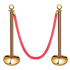 New Star Foodservice 54736 Round Top Brass Plated Stanchions, Set of 2 Posts with 1 of 79.5-Inch Red Velvet Rope