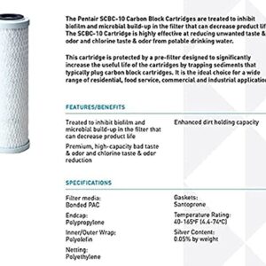 Pentair Pentek SCBC-10 Carbon Water Filter, 10-Inch, Under Sink Silver-Impregnated Carbon Block Replacement Cartridge, 10" x 2.5", 0.5 Micron, White