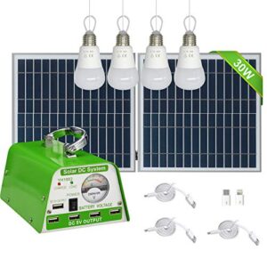 gvshine solar lights for inside, 4 bulbs solar shed lights with on off switch, 30w solar panel kit 115wh backup battery with phone charger, ac to dc adapter, home solar power system complete kit