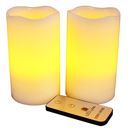 LED Lytes Remote Control Flameless Candle Set, 2 Fake Candles, 3 inches by 5 inches, Real Ivory Wax and Amber Flame, Halloween Decor, Large Battery Powered Pillar for Gifts for Mom