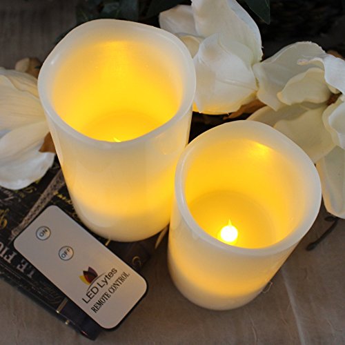 LED Lytes Remote Control Flameless Candle Set, 2 Fake Candles, 3 inches by 5 inches, Real Ivory Wax and Amber Flame, Halloween Decor, Large Battery Powered Pillar for Gifts for Mom