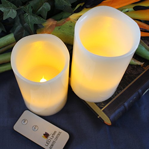 LED Lytes Remote Control Flameless Candle Set, 2 Fake Candles, 3 inches by 5 inches, Real Ivory Wax and Amber Flame, Halloween Decor, Large Battery Powered Pillar for Gifts for Mom