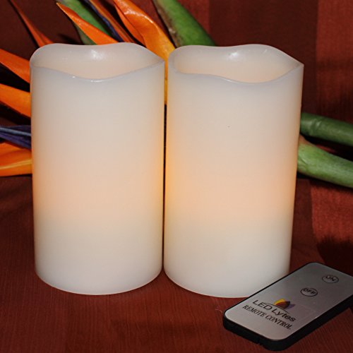 LED Lytes Remote Control Flameless Candle Set, 2 Fake Candles, 3 inches by 5 inches, Real Ivory Wax and Amber Flame, Halloween Decor, Large Battery Powered Pillar for Gifts for Mom