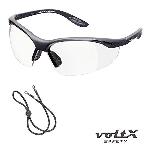 voltX 'Constructor' SAFETY READERS (CLEAR +1.5 Dioptre) Full Lens Reading Safety Glasses ANSI Z87.1+ & CE EN166F, Wraparound Style - Includes Safety Cord with headstop - UV400 anti fog coated lens