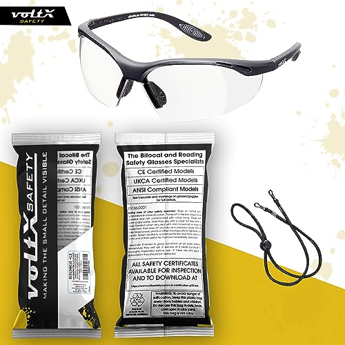 voltX 'Constructor' SAFETY READERS (CLEAR +1.5 Dioptre) Full Lens Reading Safety Glasses ANSI Z87.1+ & CE EN166F, Wraparound Style - Includes Safety Cord with headstop - UV400 anti fog coated lens