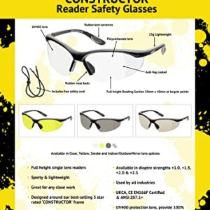 voltX 'Constructor' SAFETY READERS (CLEAR +1.5 Dioptre) Full Lens Reading Safety Glasses ANSI Z87.1+ & CE EN166F, Wraparound Style - Includes Safety Cord with headstop - UV400 anti fog coated lens