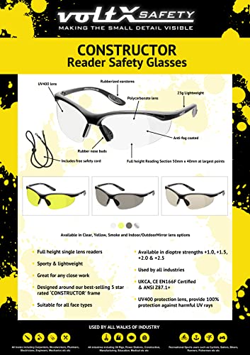 voltX 'Constructor' SAFETY READERS (CLEAR +1.5 Dioptre) Full Lens Reading Safety Glasses ANSI Z87.1+ & CE EN166F, Wraparound Style - Includes Safety Cord with headstop - UV400 anti fog coated lens