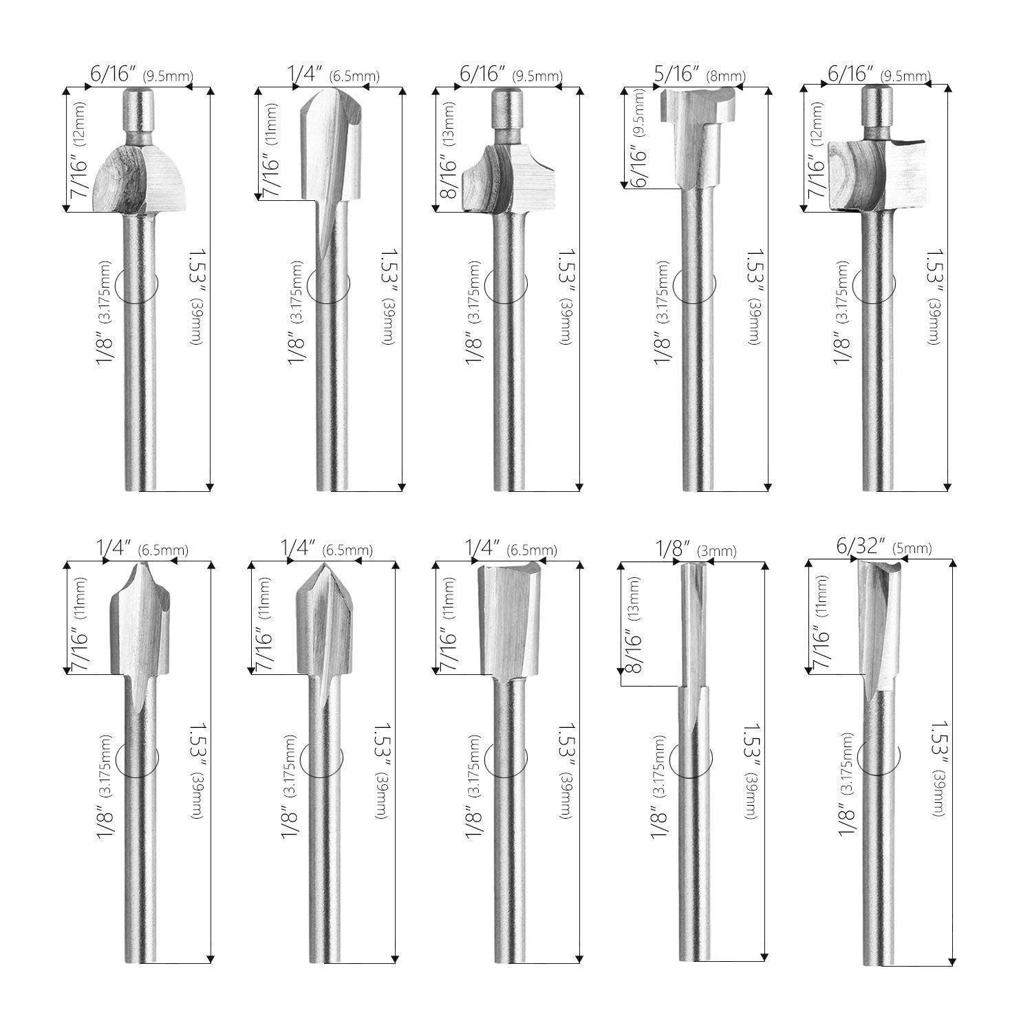 SPTA 10Pc HSS Router Carbide Engraving Bits & 10Pcs Router Bit 1/8"(3mm) Shank for Rotary Tools for DIY Woodworking, Carving, Engraving, Drilling