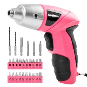 hi-spec 27pc 3.6v pink usb small power electric screwdriver set for women. cordless & rechargeable with driver bit set