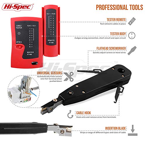 Hi-Spec 9pc Network Cable Tester Tool Kit Set for CAT5, CAT6, RJ11, RJ45. Ethernet LAN Crimper, Punchdown, Coax Stripper & More