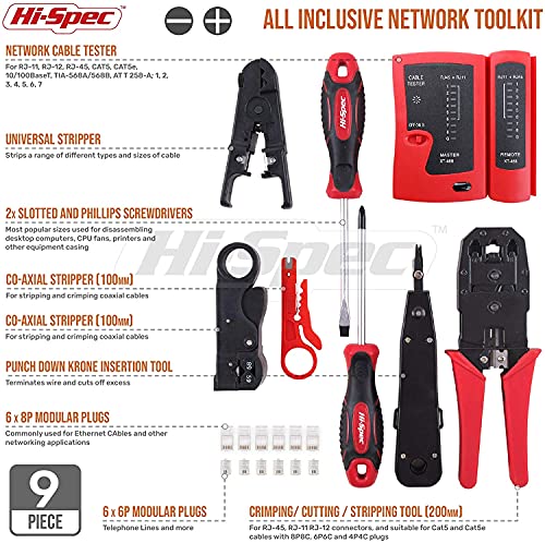 Hi-Spec 9pc Network Cable Tester Tool Kit Set for CAT5, CAT6, RJ11, RJ45. Ethernet LAN Crimper, Punchdown, Coax Stripper & More