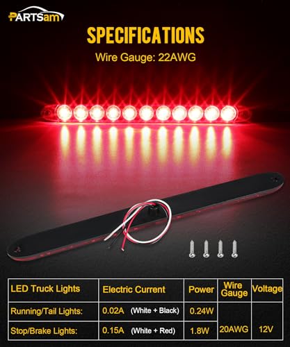 Partsam 1PC Red 15" 11 LED Light Bar Stop Turn Tail 3rd Brake Light Truck Trailer Identification ID Bar Waterproof DOT Compliant