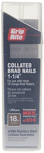 Grip Rite Prime Guard MAXB64876 18-Gauge 304-Stainless Steel Brad Nails in Belt-Clip Box (Pack of 1000), 1-1/4"