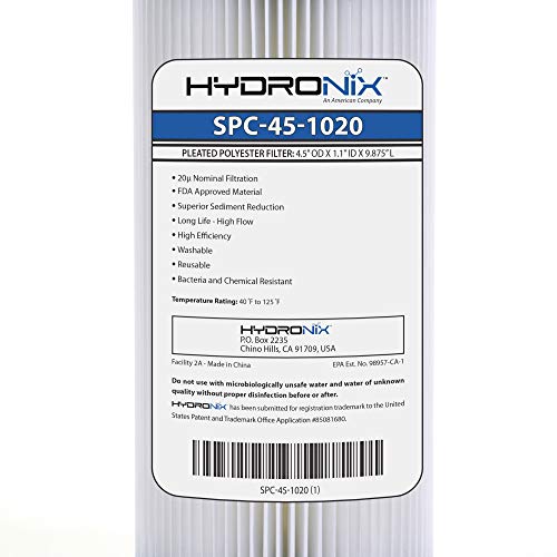 Hydronix SPC-45-1020 Whole House Sediment Pleated Water Filter, Washable and Reusable, 4.5" x 10" - 20 Micron (6 Pack)