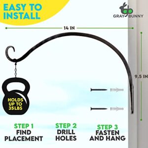 Gray Bunny Outdoor Plant Hanger Hook, 14” Large Modern Sleek Heavy Duty Iron Wall Hooks for Bird Feeders, Lanterns, Wind Chimes, Patio Decor - Black