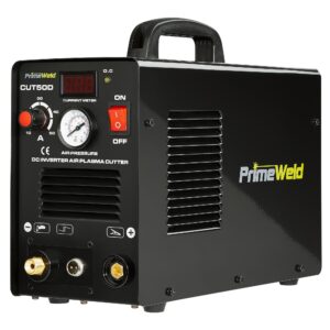 primeweld 50a air inverter plasma cutter, portable plasma cutting machine, premium and rugged plasma cutter kit, automatic dual voltage 110v/220v ac with plasma torch, 1/2" clean cut, cut50d