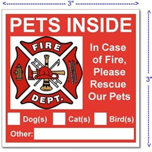 6 Pets Inside Red Safety Alert Warning Window Door Stickers; in Fire or Emergency They Notify Rescue Personnel to Save Pet; 3 X 3 Inches