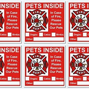 6 Pets Inside Red Safety Alert Warning Window Door Stickers; in Fire or Emergency They Notify Rescue Personnel to Save Pet; 3 X 3 Inches