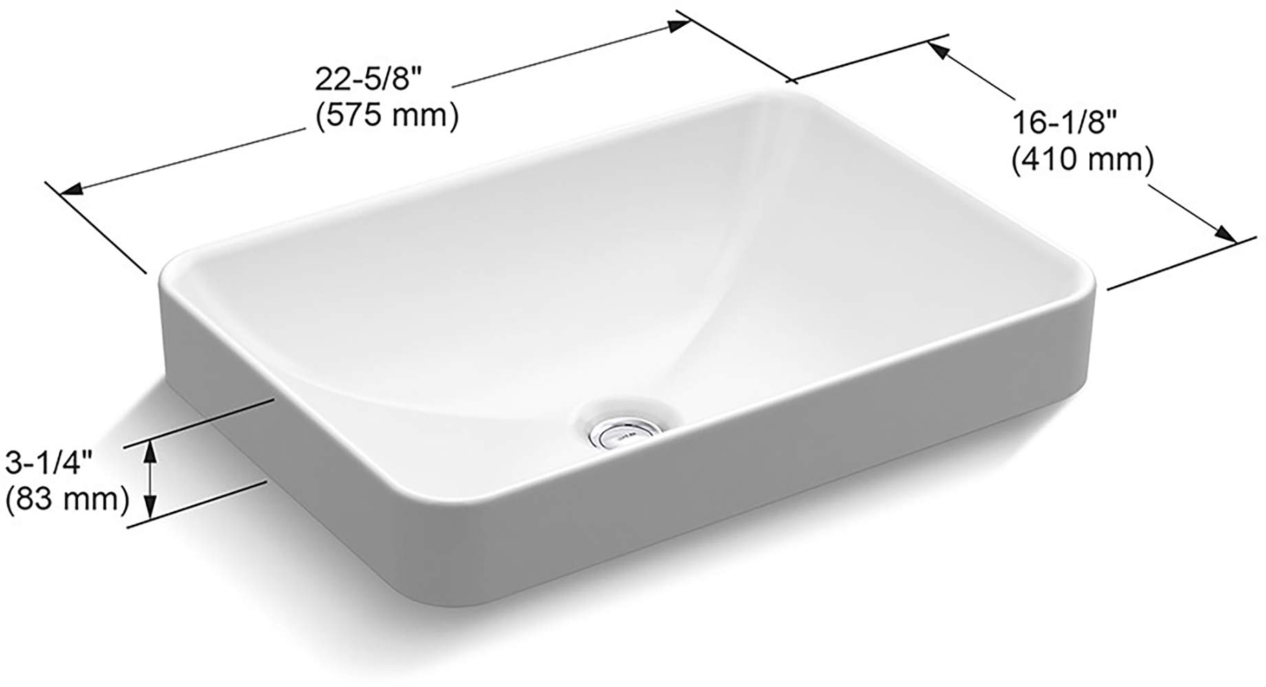 KOHLER 5373-0 Vox Rectangle Vessel Bathroom Sink, Vitreous China , 22-5/8" W X 16-1/8"L, White