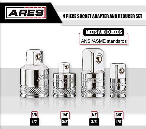 ARES 70007-4-Piece Socket Adapter and Reducer Set - 1/4-Inch, 3/8-Inch, & 1/2-Inch Ratchet/Socket Set Extension/Conversion Kit - Premium Chrome Vanadium Steel with Mirror Finish