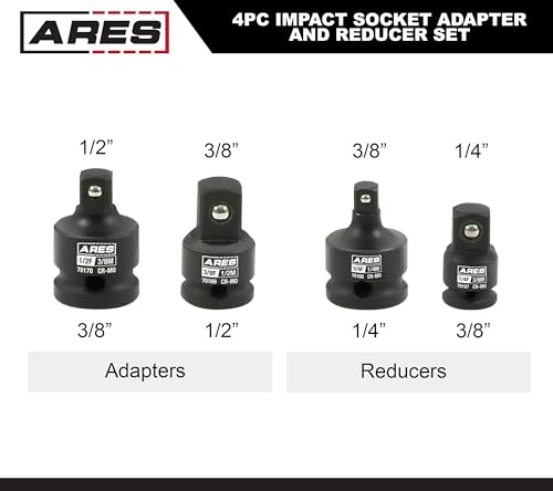 ARES 27070-4-Piece Impact Socket Adapter and Reducer Set - 1/4-Inch, 3/8-Inch & 1/2-Inch Impact Rated Step-Up and Step-Down Adapters with Included Storage Case