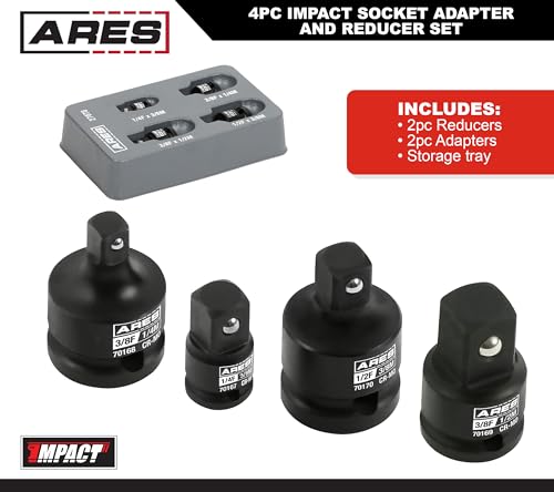 ARES 27070-4-Piece Impact Socket Adapter and Reducer Set - 1/4-Inch, 3/8-Inch & 1/2-Inch Impact Rated Step-Up and Step-Down Adapters with Included Storage Case