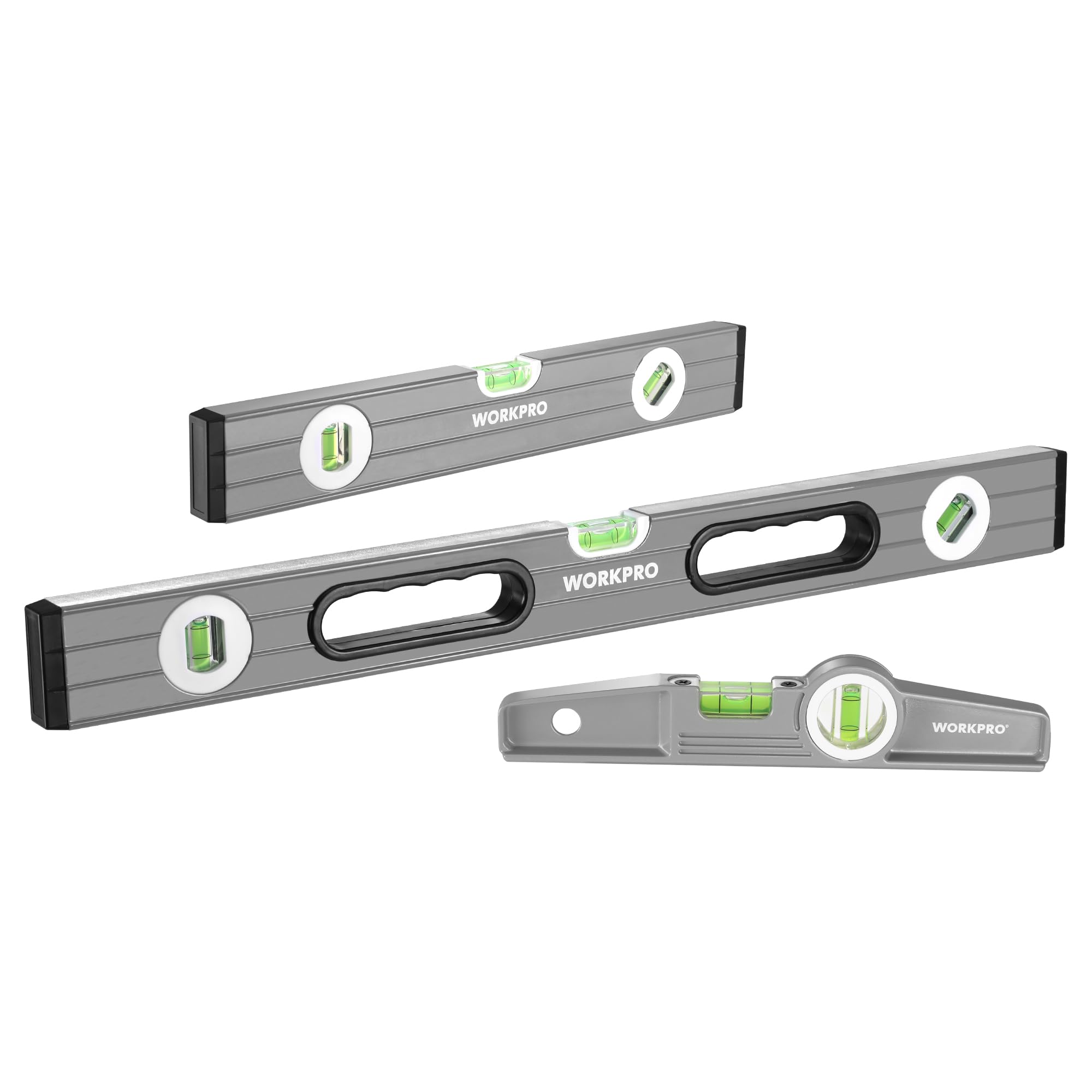 WORKPRO Torpedo Level, 3-Piece Spirit Level Set(9", 16", 24"), Magnetic, Bubbles Measuring, Clear,green