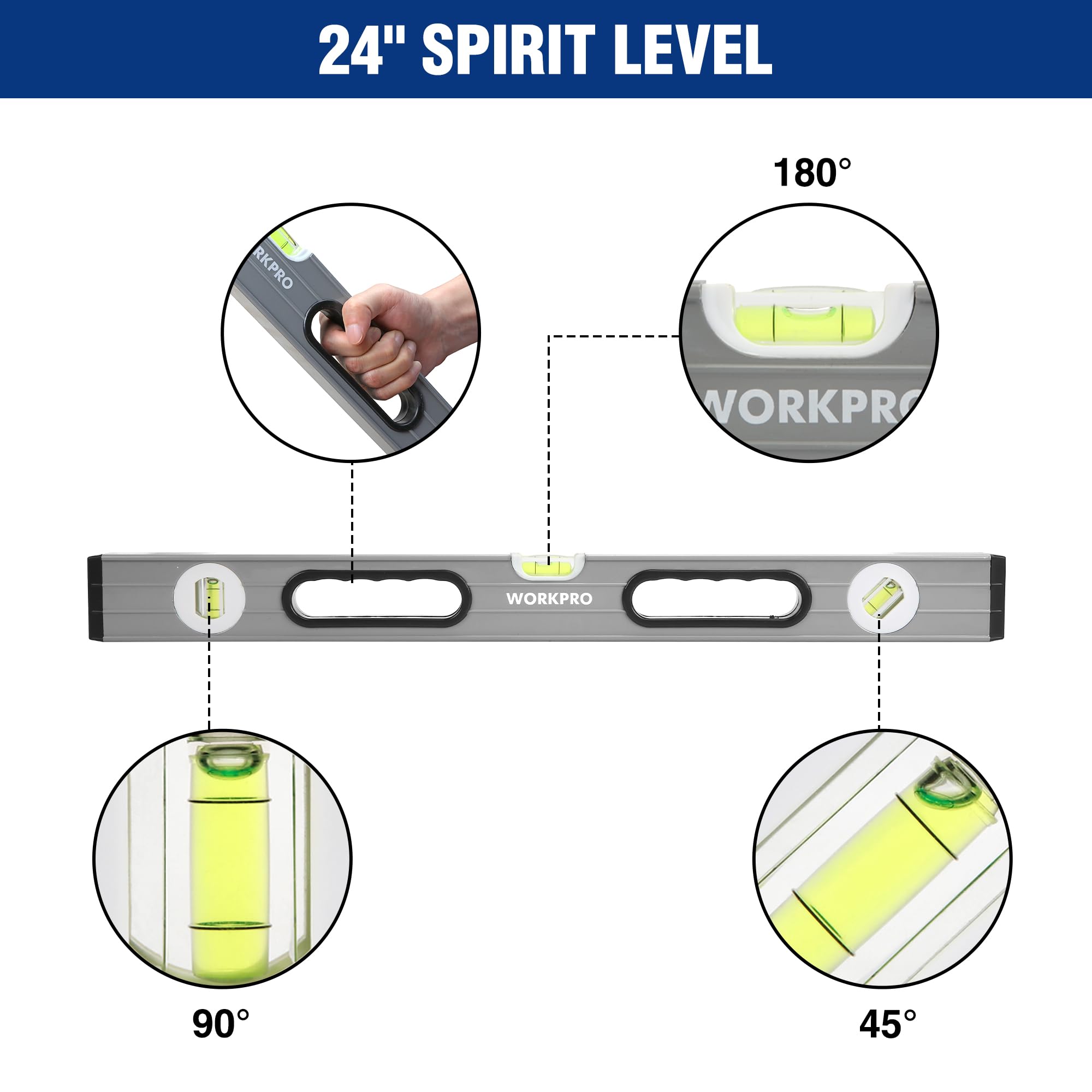 WORKPRO Torpedo Level, 3-Piece Spirit Level Set(9", 16", 24"), Magnetic, Bubbles Measuring, Clear,green