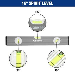 WORKPRO Torpedo Level, 3-Piece Spirit Level Set(9", 16", 24"), Magnetic, Bubbles Measuring, Clear,green