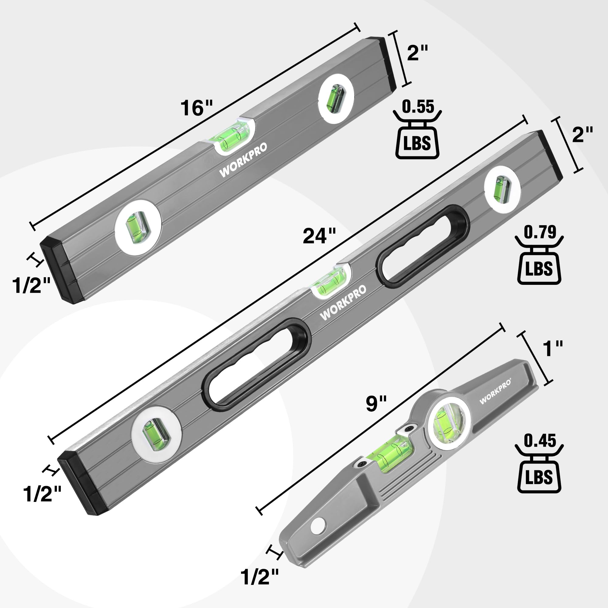 WORKPRO Torpedo Level, 3-Piece Spirit Level Set(9", 16", 24"), Magnetic, Bubbles Measuring, Clear,green