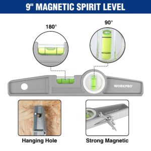 WORKPRO Torpedo Level, 3-Piece Spirit Level Set(9", 16", 24"), Magnetic, Bubbles Measuring, Clear,green