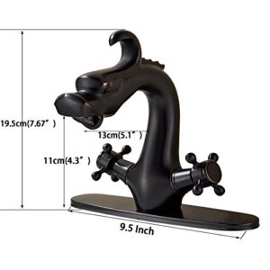 Senlesen Dragon Shape Oil Rubbed Bronze Bathroom Sink Faucet Deck Mount Single Hole Double Handle Cross Knobs Vanity Sink Basin Mixer Tap with Cover Plate Without Pop Up Drain