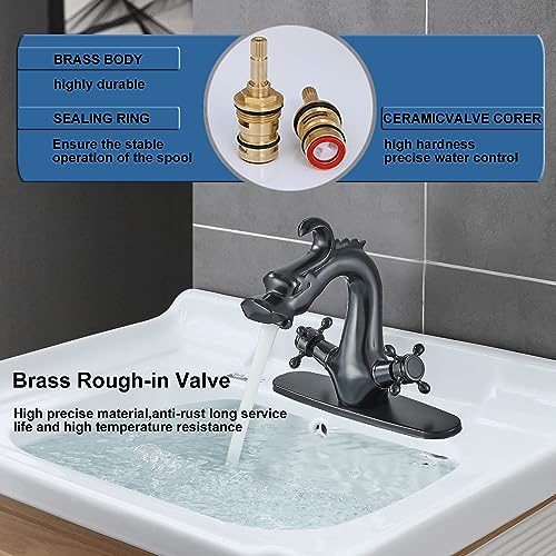 Senlesen Dragon Shape Oil Rubbed Bronze Bathroom Sink Faucet Deck Mount Single Hole Double Handle Cross Knobs Vanity Sink Basin Mixer Tap with Cover Plate Without Pop Up Drain