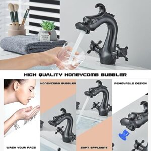 Senlesen Dragon Shape Oil Rubbed Bronze Bathroom Sink Faucet Deck Mount Single Hole Double Handle Cross Knobs Vanity Sink Basin Mixer Tap with Cover Plate Without Pop Up Drain